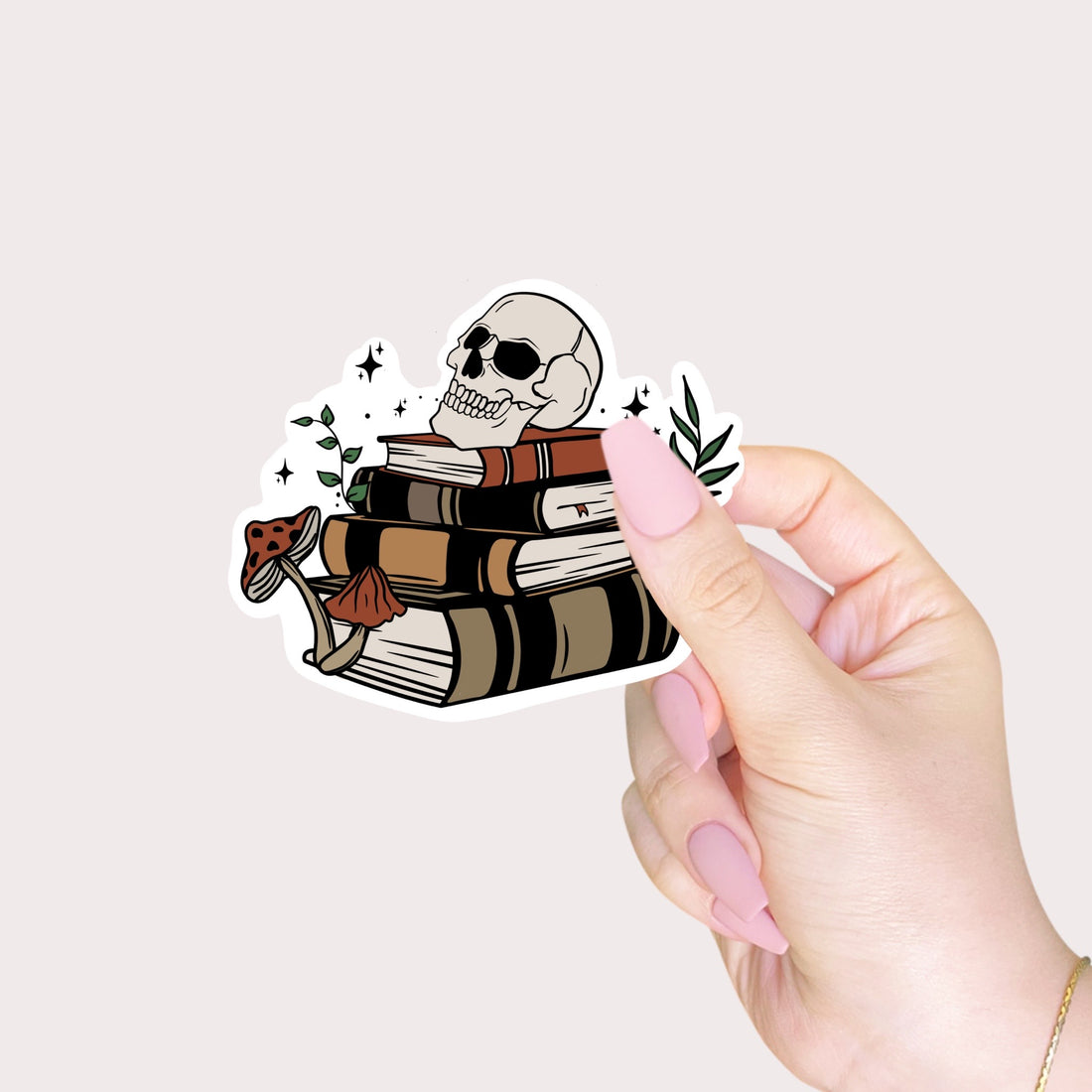 Book stack skull and mushrooms sticker – Romantasy Designs